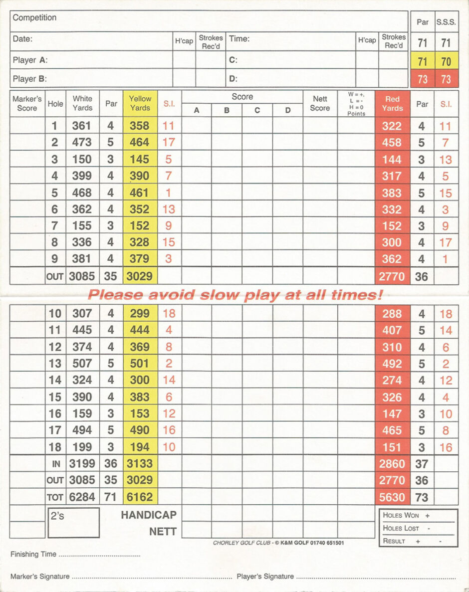 Scorecard :: Chorley Golf Club - Lancashire Golf at its finest
